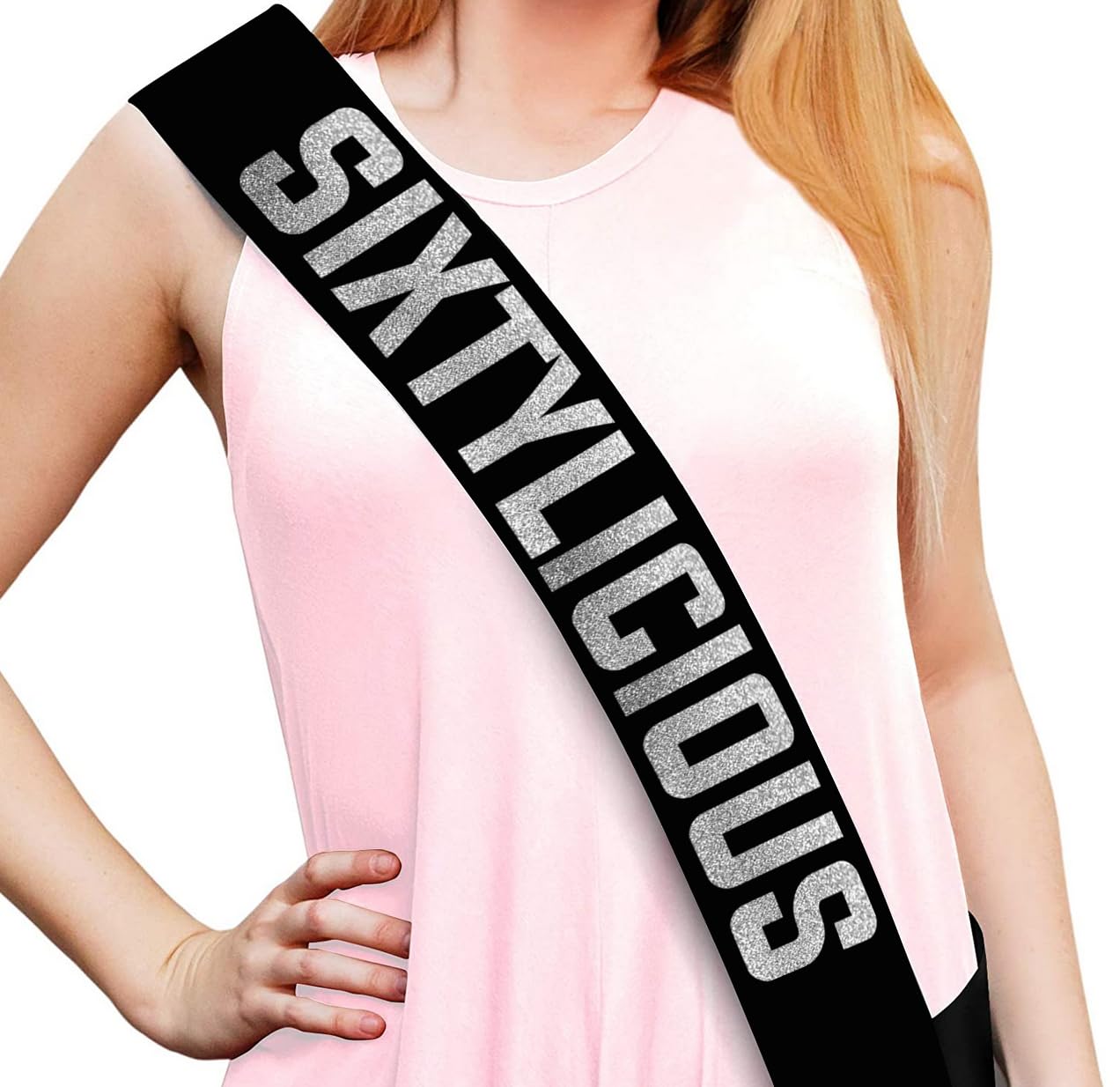 Sixtylicious Black and Silver Glitter Satin Sash - Happy 60th Birthday Party Supplies, Ideas and Decorations
