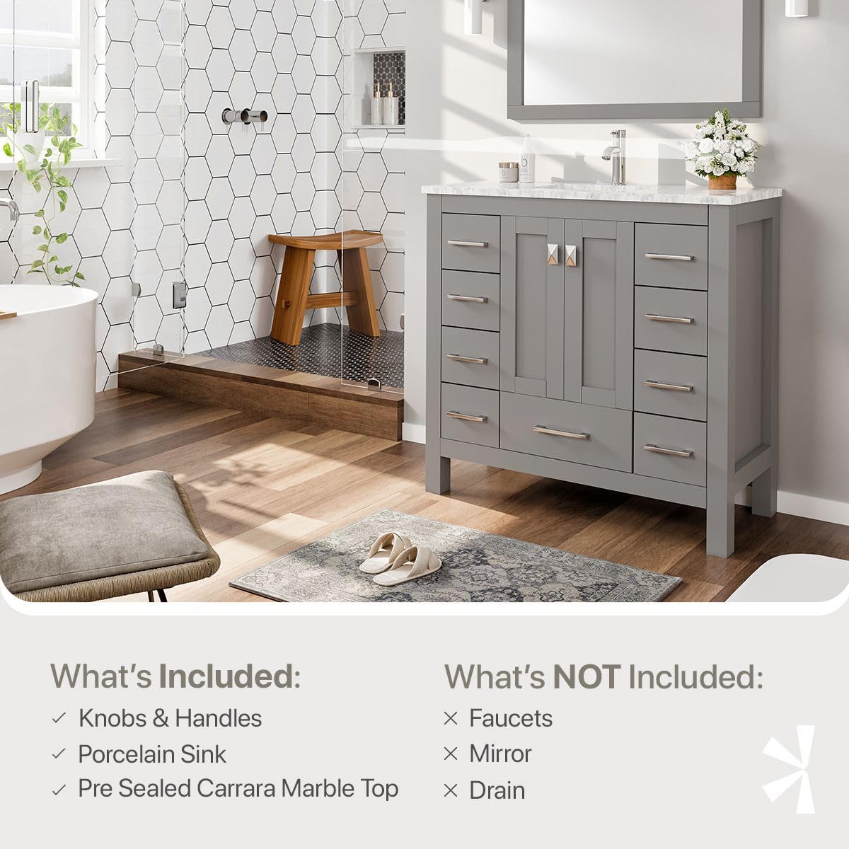 Eviva Bathroom Vanity Cabinet 36in White - Solid Wood w/9 Drawers, Porcelain Sink & Marble Countertop - Gray