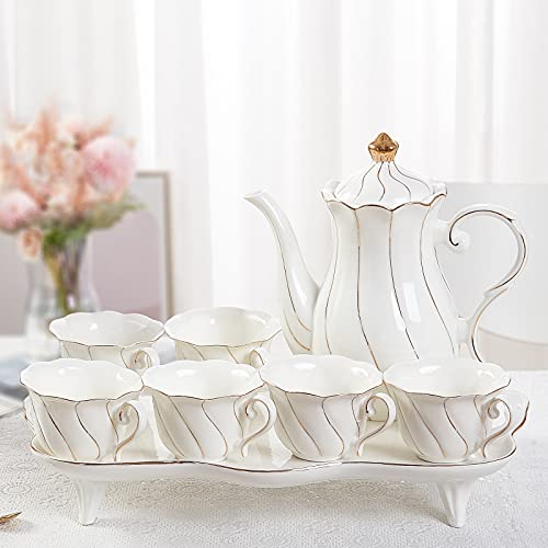 DUJUST 14 pcs Tea Set for 6 with Tea Tray & Spoons, Luxury British Style Tea/Coffee Cup Set with Golden Trim, Beautiful Porcelain Tea Set for Living Room Decor, Tea Party Set, Gift Package - White
