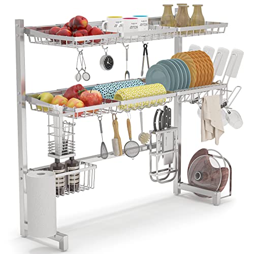 1Easylife Over The Sink Dish Drying Rack 3 Tier Stainless Steel Large Kitchen Rack Dish Drainers for Home Kitchen Counter Storage, Shelf with Utensil Holder, Above Sink Shelves (silver1)