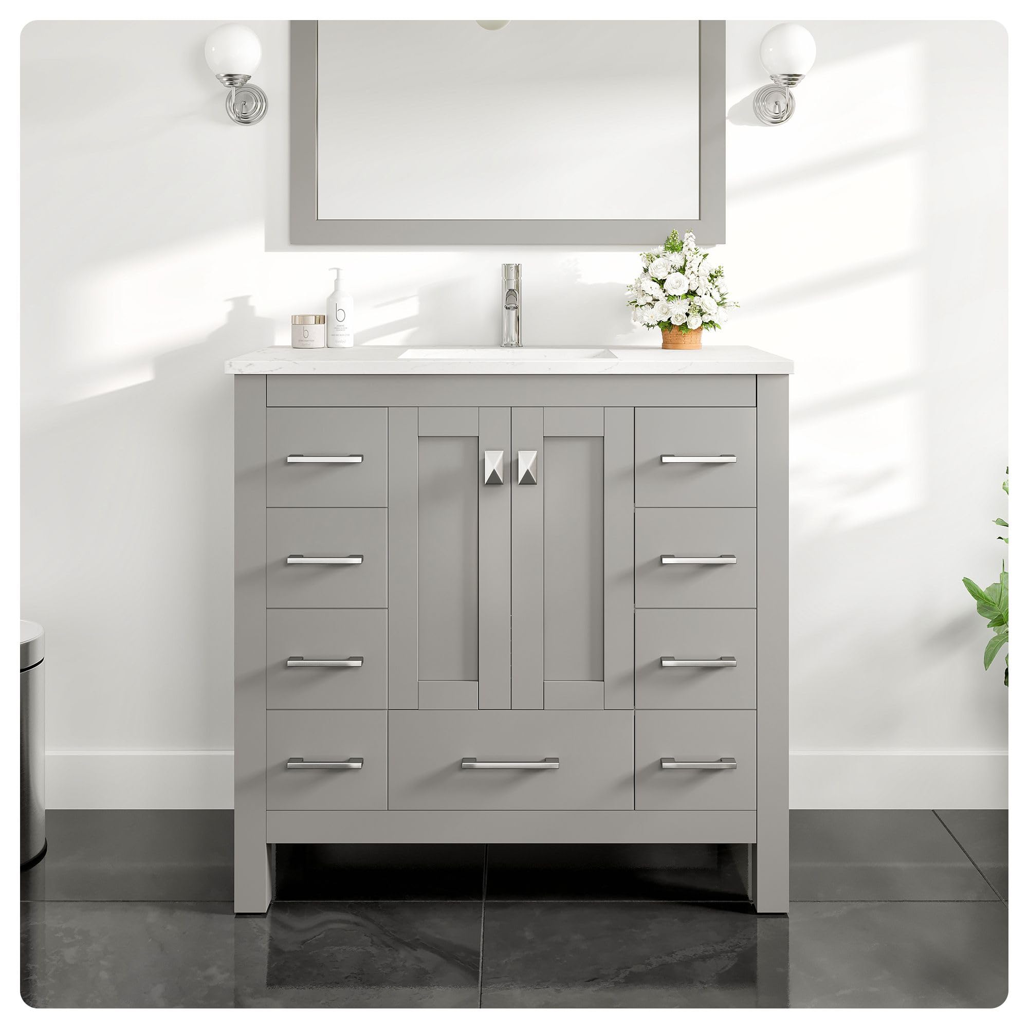 Eviva Bathroom Vanity Cabinet 36in White - Solid Wood w/9 Drawers, Porcelain Sink & Marble Countertop - Gray