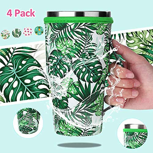 4 Pieces Iced Coffee Cup Sleeves Reusable Neoprene Insulated Sleeves Drink Sleeve Holder with Handle Cup Cover Holder for 30 oz Coffee Beverage Milk Water Cold Hot Drinks, Hawaiian Style