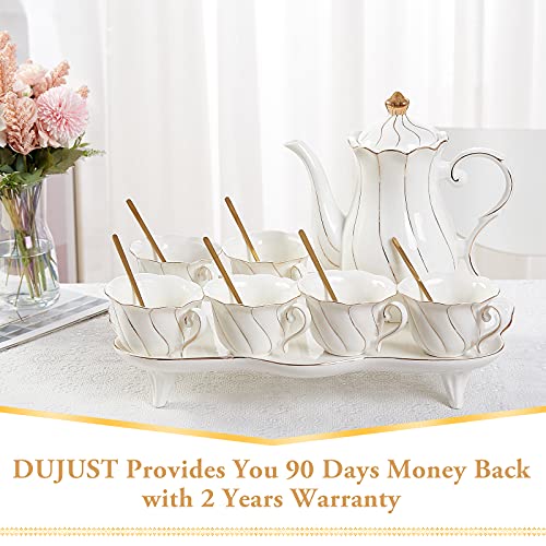 DUJUST 14 pcs Tea Set for 6 with Tea Tray & Spoons, Luxury British Style Tea/Coffee Cup Set with Golden Trim, Beautiful Porcelain Tea Set for Living Room Decor, Tea Party Set, Gift Package - White