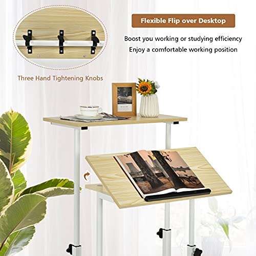 Tangkula Mobile Standing Desk Stand Up Desk, Height Adjustable Computer Desk with Standing & Seating 2 Modes, Tilting Tabletop & Flexible Wheels, Rolling Laptop Cart Sit Stand Desk