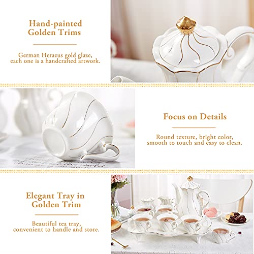 DUJUST 14 pcs Tea Set for 6 with Tea Tray & Spoons, Luxury British Style Tea/Coffee Cup Set with Golden Trim, Beautiful Porcelain Tea Set for Living Room Decor, Tea Party Set, Gift Package - White