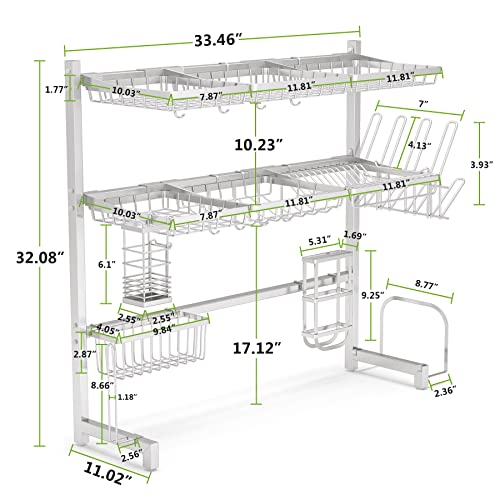 1Easylife Over The Sink Dish Drying Rack 3 Tier Stainless Steel Large Kitchen Rack Dish Drainers for Home Kitchen Counter Storage, Shelf with Utensil Holder, Above Sink Shelves (silver1)