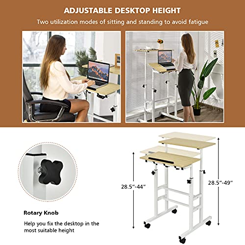 Tangkula Mobile Standing Desk Stand Up Desk, Height Adjustable Computer Desk with Standing & Seating 2 Modes, Tilting Tabletop & Flexible Wheels, Rolling Laptop Cart Sit Stand Desk