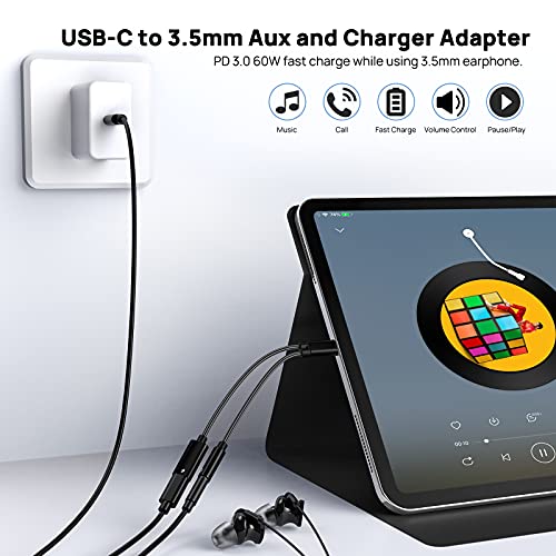 USB Type C to 3.5mm Headphone Jack Audio Adapter and Charger,2 in 1 USB C to Aux Audio Adapter with 60w PD3.0 Fast Charger,Compatible with Samsung Galaxy A53 A33 S23 S22 S21,Google Pixel 7