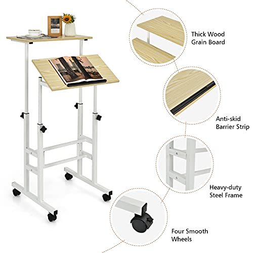 Tangkula Mobile Standing Desk Stand Up Desk, Height Adjustable Computer Desk with Standing & Seating 2 Modes, Tilting Tabletop & Flexible Wheels, Rolling Laptop Cart Sit Stand Desk