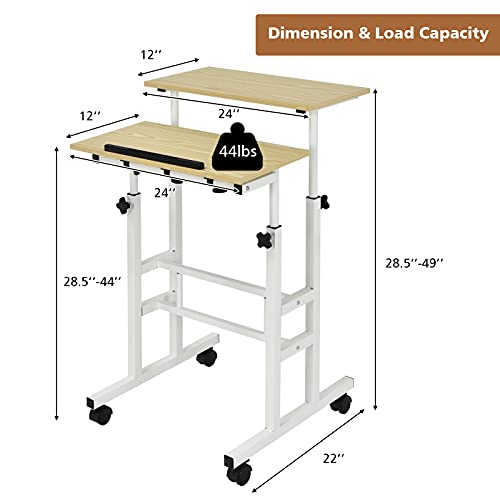 Tangkula Mobile Standing Desk Stand Up Desk, Height Adjustable Computer Desk with Standing & Seating 2 Modes, Tilting Tabletop & Flexible Wheels, Rolling Laptop Cart Sit Stand Desk