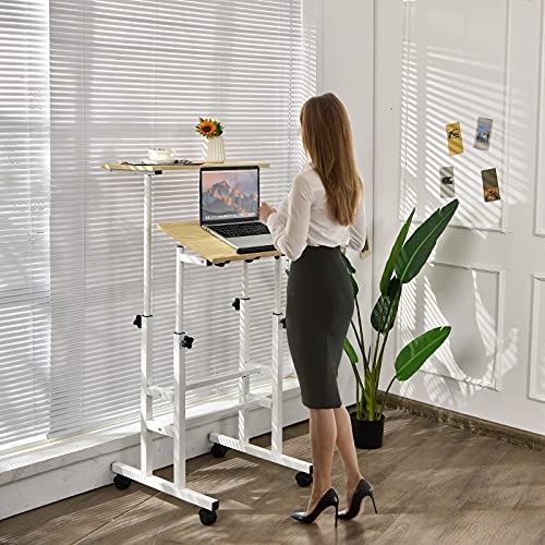 Tangkula Mobile Standing Desk Stand Up Desk, Height Adjustable Computer Desk with Standing & Seating 2 Modes, Tilting Tabletop & Flexible Wheels, Rolling Laptop Cart Sit Stand Desk