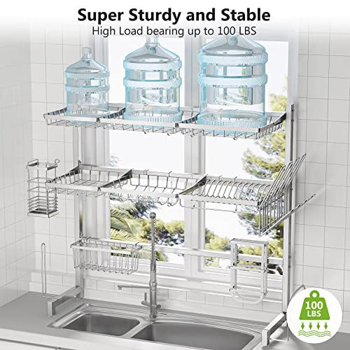 1Easylife Over The Sink Dish Drying Rack 3 Tier Stainless Steel Large Kitchen Rack Dish Drainers for Home Kitchen Counter Storage, Shelf with Utensil Holder, Above Sink Shelves (silver1)