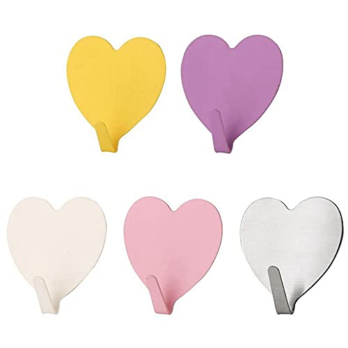 DIAODA Love Heart Shape Cute Self Adhesive Towel Hanging Hook Decorative Hooks for Girls Room Shower Bedroom Door Purse Keys Coat(5pc Light Pink)