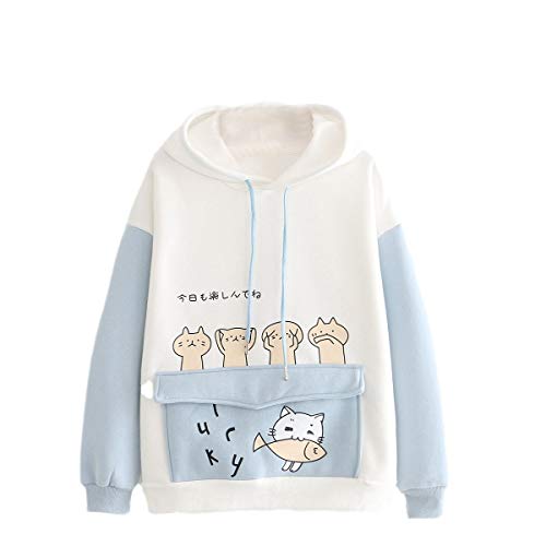 Cute Cat Hoodie for Teen Girls Long Sleeve Tops Funny Color Splicing Tees Kawaii Autumn Sweatshirt Comfy Blouse Blue