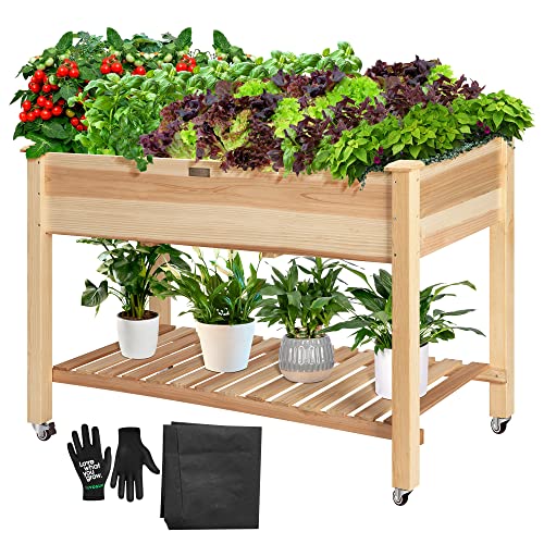 VIVOSUN Raised Garden Bed, 46 x 24 x 32 Inches Mobile Elevated Planter Box with Lockable Wheels, Storage Shelf, and Protective Liner for Outdoor Use