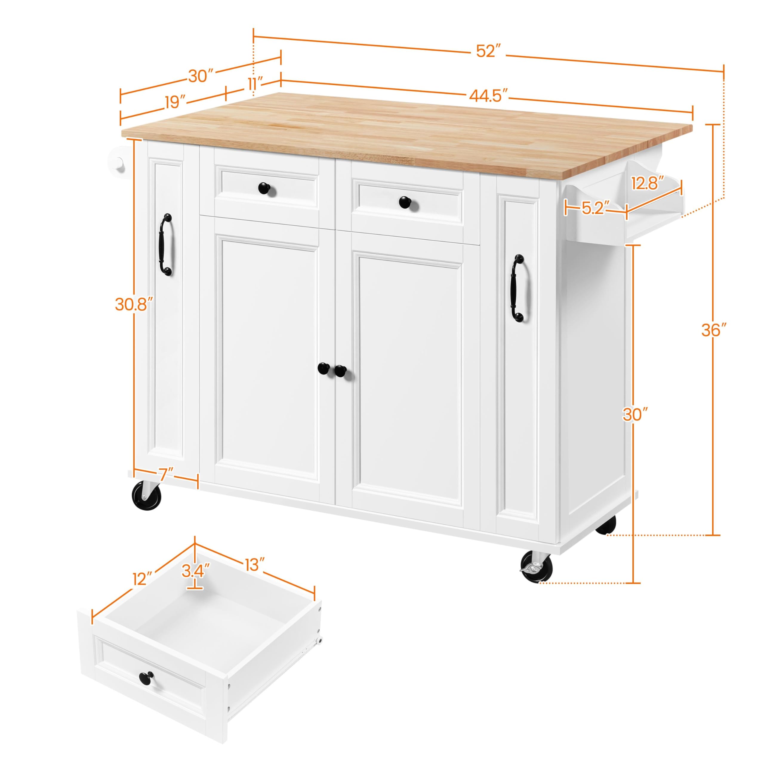 Topeakmart Kitchen Cart with Drop-Leaf Rubberwood Top, Rolling Kitchen Island with 2 Side Pull-Outs & 2 Drawers & Spice Rack, Kitchen Storage Cabinet on Wheels for Dinning Room, 52 Inch Width, White