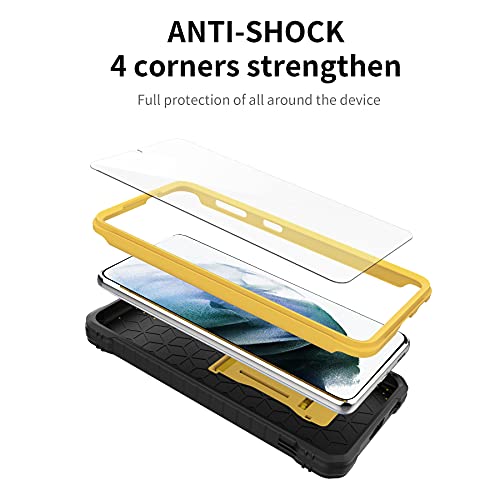 DUOPAL for Samsung Galaxy S21 5G Case [Not Plus or Ultra], Military Grade Protection Shockproof Case with Tempered Glass Screen Protector and Kickstand Compatible with Samsung S21 5G 6.2 Inch (Yellow)