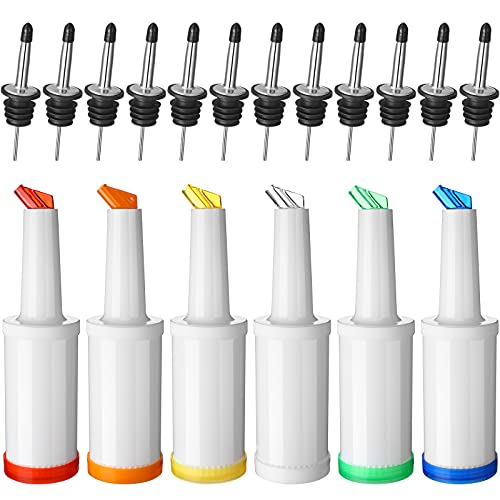 Fruit Juice and Liquor Pour Bottles Bar Supplies Pour Bottles Plastic Juice Pour Bottles with Stainless Steel Bottle Pourer Tapered Spout for Liquor Juice Store 34 OZ (Multi Colors,6 Pack)