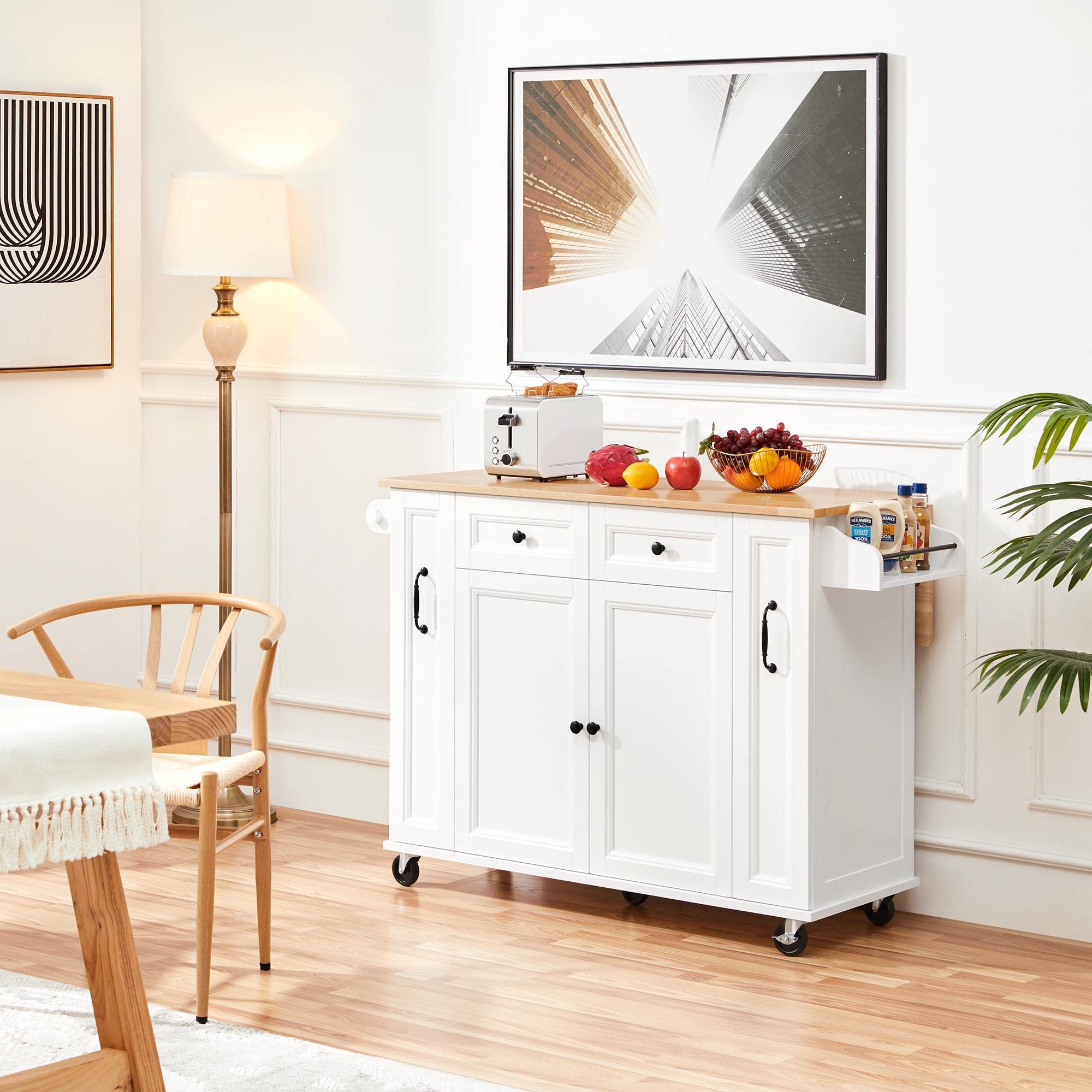 Topeakmart Kitchen Cart with Drop-Leaf Rubberwood Top, Rolling Kitchen Island with 2 Side Pull-Outs & 2 Drawers & Spice Rack, Kitchen Storage Cabinet on Wheels for Dinning Room, 52 Inch Width, White