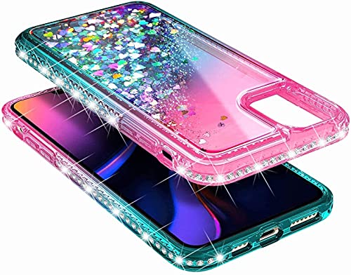 NGB Compatible with iPhone 11 Case with Tempered Glass Screen Protector, Ring Holder/Wrist Strap, Girls Women Liquid Bling Sparkle Floating Glitter Cute Phone Case (Pink/Aqua)