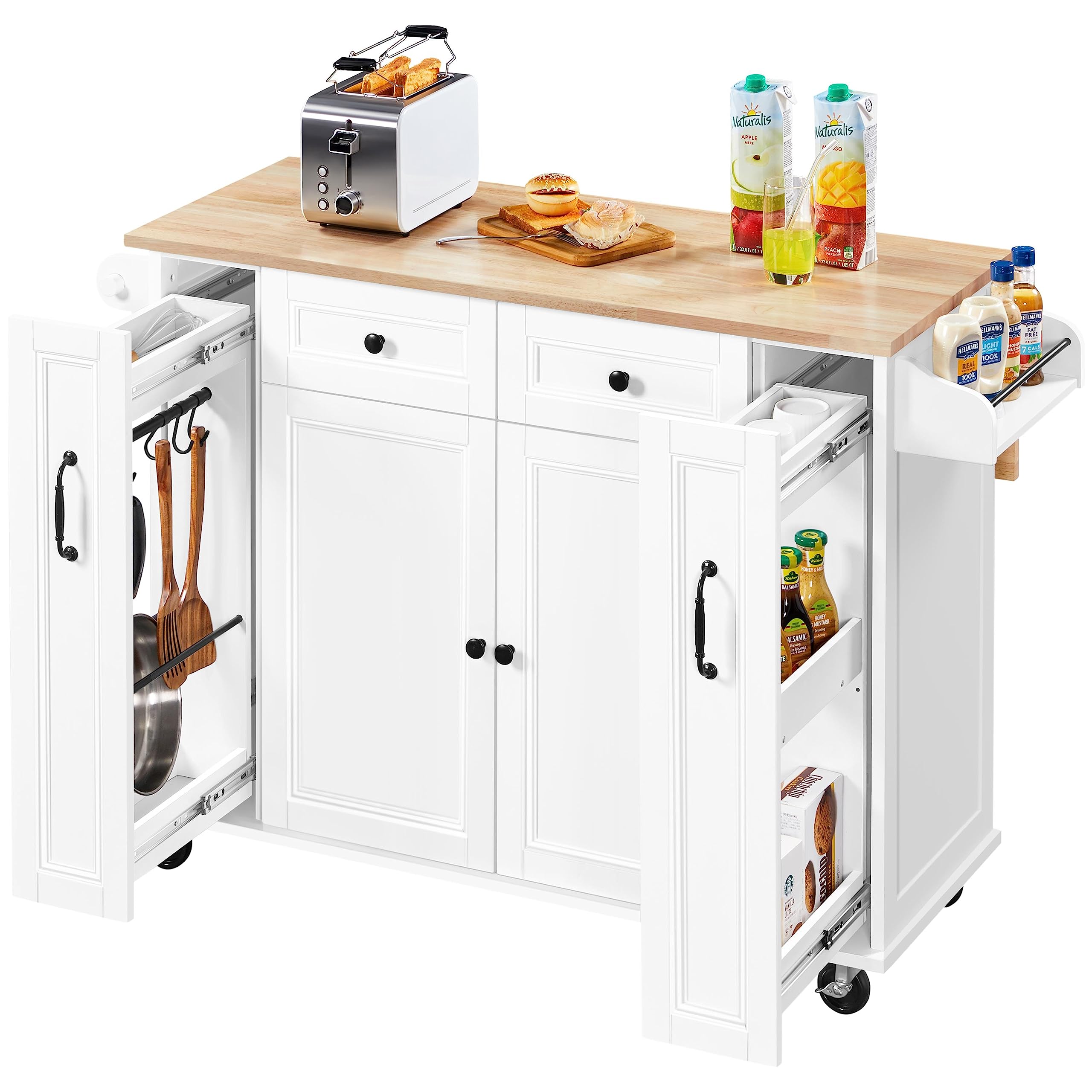 Topeakmart Kitchen Cart with Drop-Leaf Rubberwood Top, Rolling Kitchen Island with 2 Side Pull-Outs & 2 Drawers & Spice Rack, Kitchen Storage Cabinet on Wheels for Dinning Room, 52 Inch Width, White