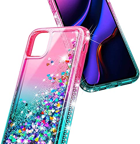 NGB Compatible with iPhone 11 Case with Tempered Glass Screen Protector, Ring Holder/Wrist Strap, Girls Women Liquid Bling Sparkle Floating Glitter Cute Phone Case (Pink/Aqua)