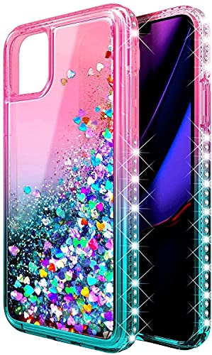NGB Compatible with iPhone 11 Case with Tempered Glass Screen Protector, Ring Holder/Wrist Strap, Girls Women Liquid Bling Sparkle Floating Glitter Cute Phone Case (Pink/Aqua)