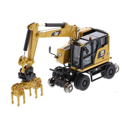 1:87 Caterpillar M323F Railroad Wheeled Excavator - Cat Yellow Version - (HO) High Line Series Model by Diecast Masters - 85656 - with Bucket, Ballast Tamper, and Rail Clamshell Bucket Attachments
