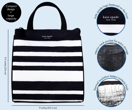 Kate Spade New York Cute Lunch Bag for Women, Large Capacity Lunch Tote, Adult Lunch Box with Silver Thermal Insulated Interior Lining and Storage Pocket Sarah Stripe (Black/White)