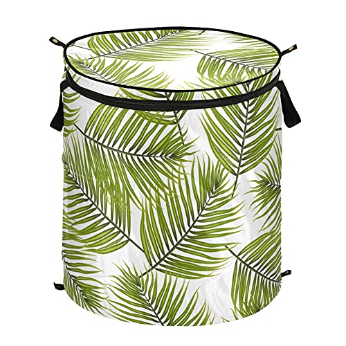 Summer Palm Leaves Pop Up Laundry Hamper with Lid Foldable Storage Basket Collapsible Laundry Bag for Camping Hotel Dormitory