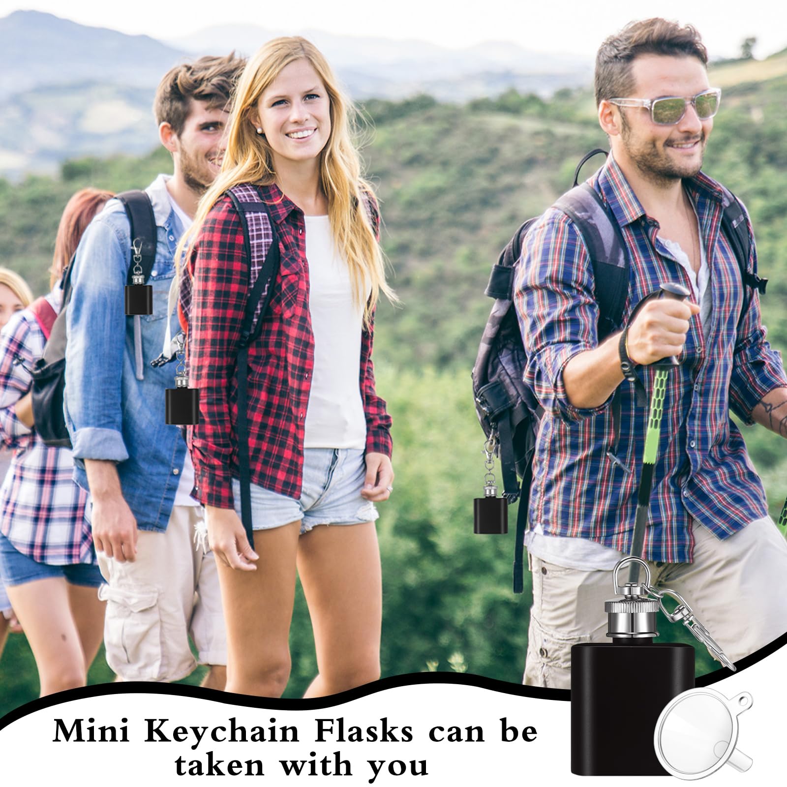 Bokon 10 Pcs Mini Keychain Flask Bulk 1oz Stainless Steel Hip Jar Pocket Hidden Flask for Liquor Men Women Groomsmen Gifts with 10 Plastic Funnels(Black)