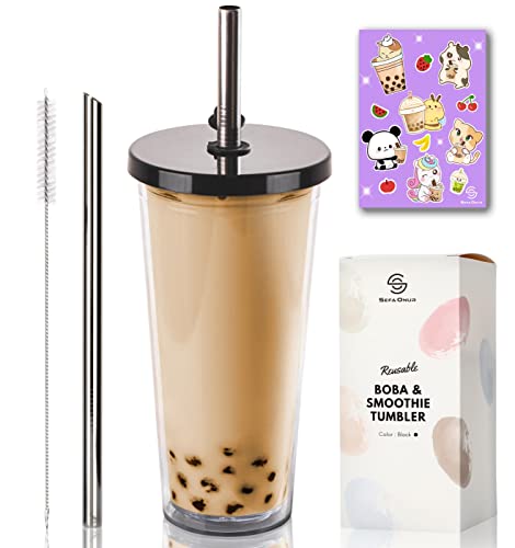 24 oz Reusable Boba Cup Smoothie Tumbler with Resealable Lid Plug, Double Wall Insulated, Boba Tea Kit, Leakproof Bubble Tea Cup, Reusable Boba Straw for Boba Pearls, Bubble Tea Kit, Boba Kit (Black)