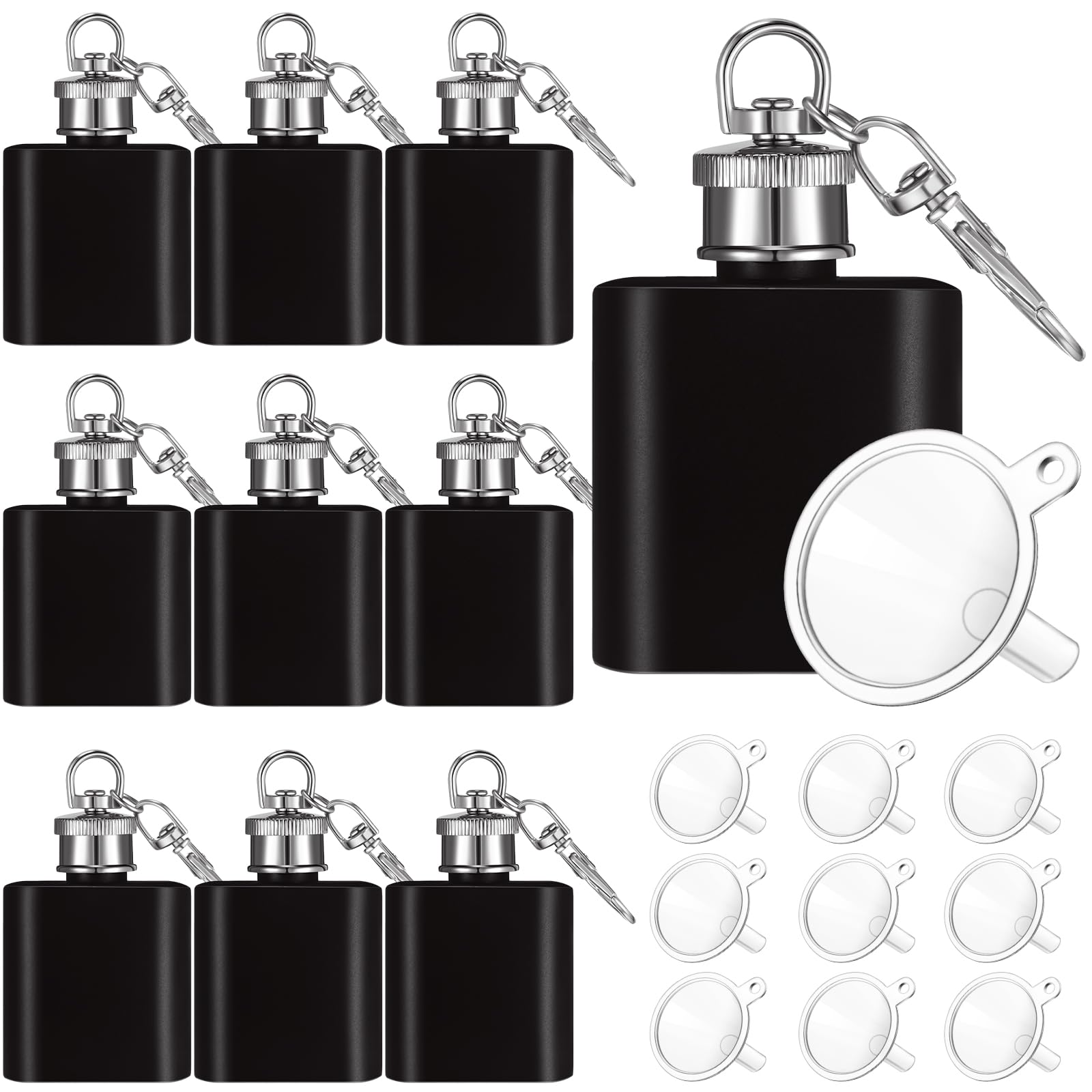 Bokon 10 Pcs Mini Keychain Flask Bulk 1oz Stainless Steel Hip Jar Pocket Hidden Flask for Liquor Men Women Groomsmen Gifts with 10 Plastic Funnels(Black)