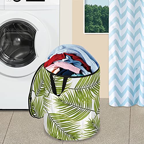 Summer Palm Leaves Pop Up Laundry Hamper with Lid Foldable Storage Basket Collapsible Laundry Bag for Camping Hotel Dormitory