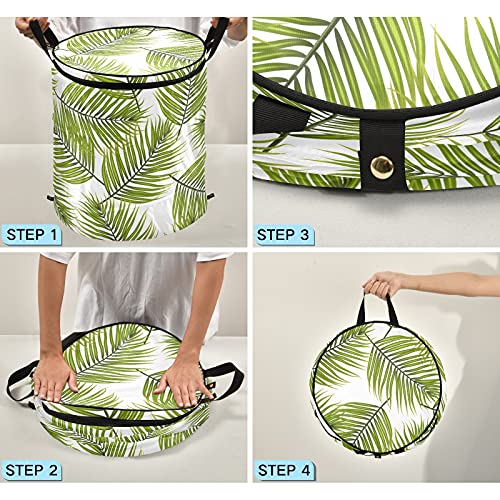 Summer Palm Leaves Pop Up Laundry Hamper with Lid Foldable Storage Basket Collapsible Laundry Bag for Camping Hotel Dormitory