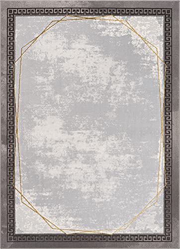 Well Woven FAE Grey & Gold Greek Key Marble Border Pattern Area Rug (5'3" x 7'3")