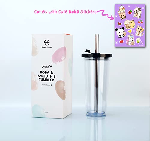 24 oz Reusable Boba Cup Smoothie Tumbler with Resealable Lid Plug, Double Wall Insulated, Boba Tea Kit, Leakproof Bubble Tea Cup, Reusable Boba Straw for Boba Pearls, Bubble Tea Kit, Boba Kit (Black)