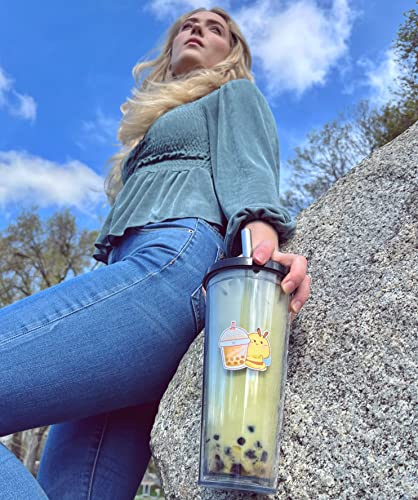 24 oz Reusable Boba Cup Smoothie Tumbler with Resealable Lid Plug, Double Wall Insulated, Boba Tea Kit, Leakproof Bubble Tea Cup, Reusable Boba Straw for Boba Pearls, Bubble Tea Kit, Boba Kit (Black)