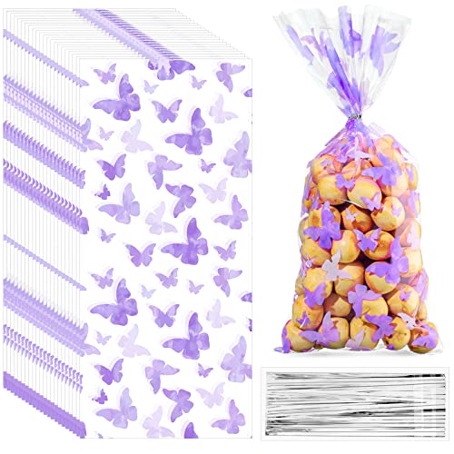 100 Pieces Butterflies Cellophane Goody Bags Plastic Butterfly Candy Bag Butterfly Treat Bags with 100 Pieces Silver Twist Ties for Butterfly Theme Baby Shower Birthday Party Dessert Decors (Purple)
