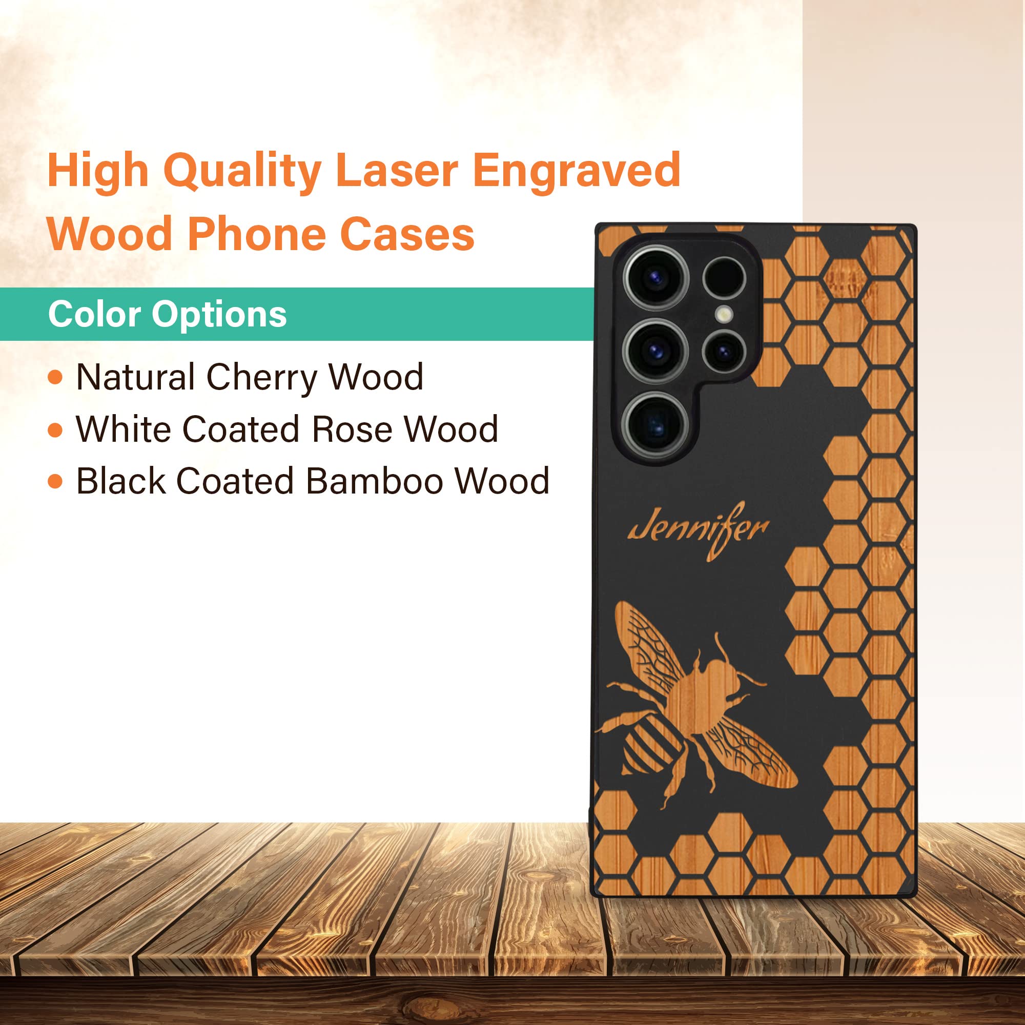 Personalized Wood Phone Case for Samsung Series + FREE Tempered Glass, Engraved, and UV Printed Case for Samsung 23/22/21 series Phone Case with Free Screen Protector (Bee Honeycomb)