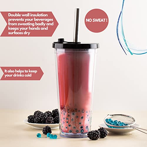 24 oz Reusable Boba Cup Smoothie Tumbler with Resealable Lid Plug, Double Wall Insulated, Boba Tea Kit, Leakproof Bubble Tea Cup, Reusable Boba Straw for Boba Pearls, Bubble Tea Kit, Boba Kit (Black)
