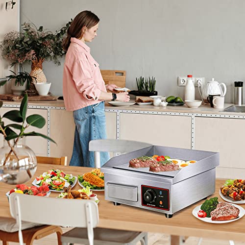 PROMOTOR 14" Electric Countertop Griddle Grill Stainless Steel Commercial Restaurant Teppanyaki Grill Adjustable Temp Control 1500W Non-Stick