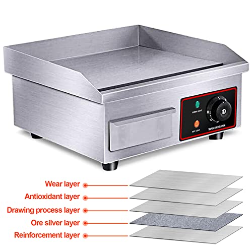 PROMOTOR 14" Electric Countertop Griddle Grill Stainless Steel Commercial Restaurant Teppanyaki Grill Adjustable Temp Control 1500W Non-Stick