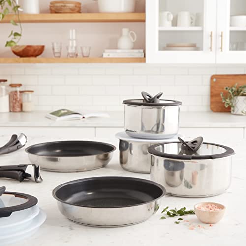 T-fal Ingenio Stainless Steel Cookware Set 13 Piece Induction Stackable, Removable Handle Pots and Pans, Dishwasher Safe Silver
