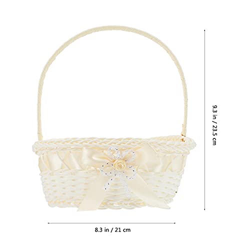 BESPORTBLE Wicker Storage Basket White Basket Handle Wedding Flower Girl Baskets Wedding Flower Candy Storage Basket Rustic Wedding Gift Basket Wicker Picnic Baskets