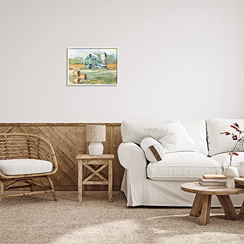 Stupell Industries Contemporary Blue Farm Barn Hay Bails Empty Field, Designed by Sally Swatland White Framed Wall Art, 20 x 16, Green