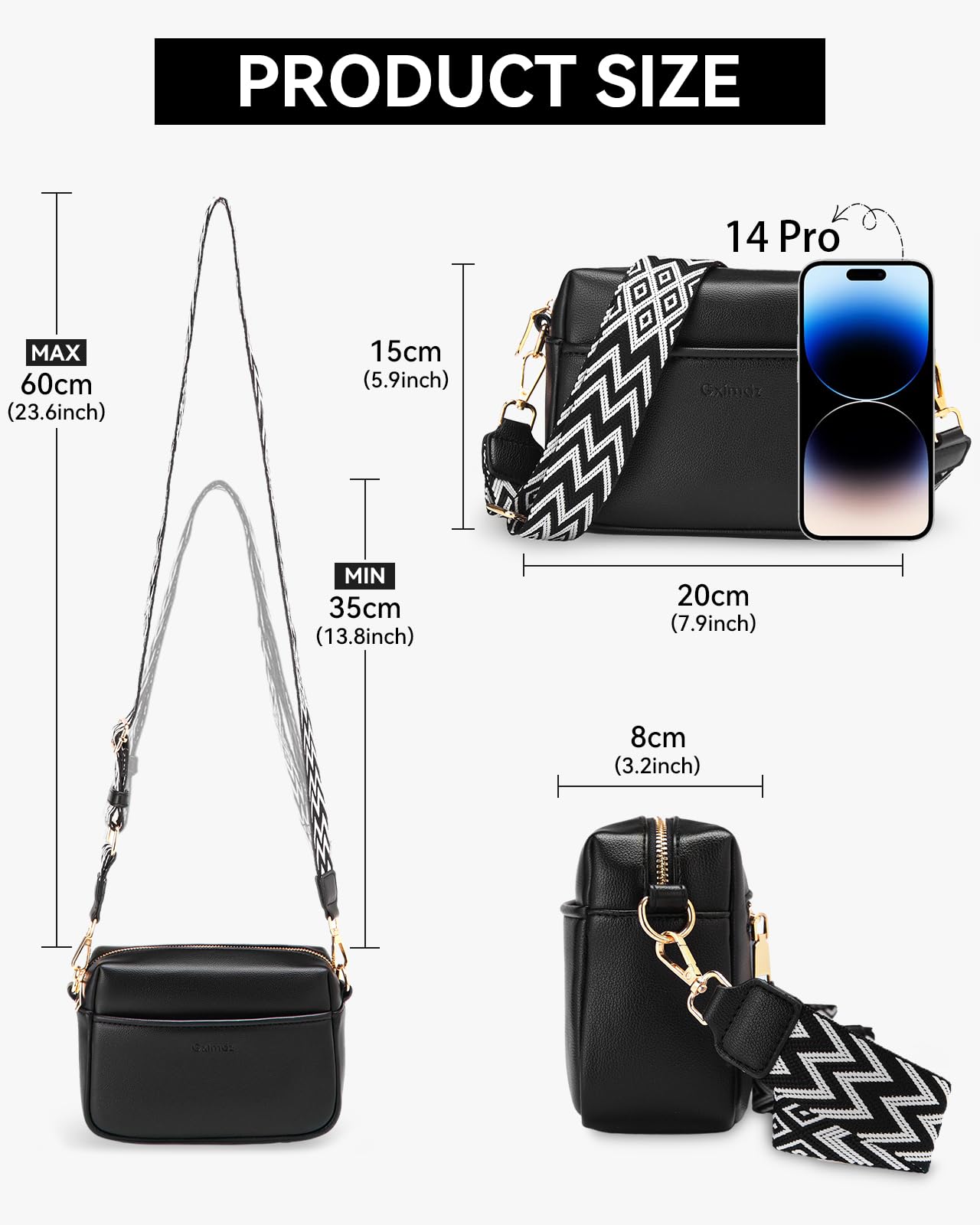 Gximdz es Small Crossbody Bags for Women Trendy Vegan Leather Crossbody Purses Shoulder Bag with Adjustable Wide Guitar Strap (Black)