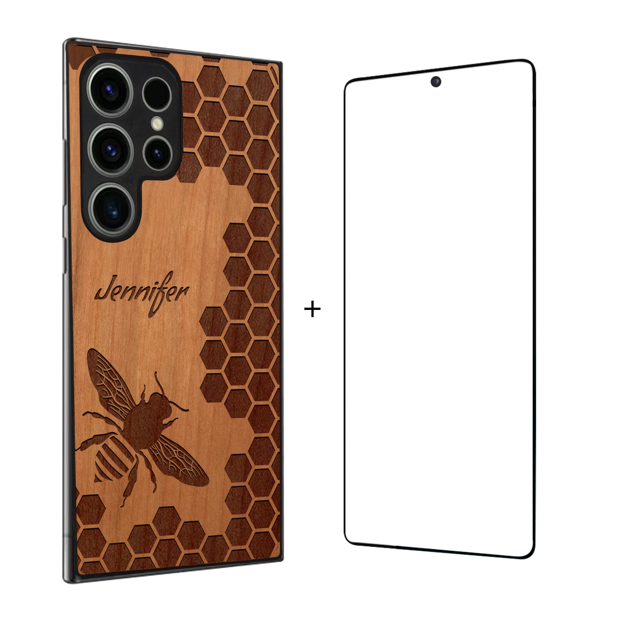 Personalized Wood Phone Case for Samsung Series + FREE Tempered Glass, Engraved, and UV Printed Case for Samsung 23/22/21 series Phone Case with Free Screen Protector (Bee Honeycomb)