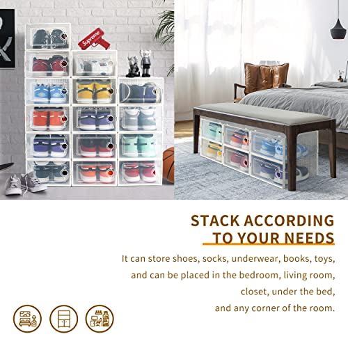 Hrrsaki 15 Pack Foldable Shoe Storage Boxes, Shoe Boxes Clear Plastic Stackable, Shoe Organizer Boxes with Front Opening Lids, Ventilation and Dust-proof, Shoe Container Boxes for Closet, Bedroom, Bathroom, Fit for Women/Men Size 9(13β x 9β x 5.5β) (white