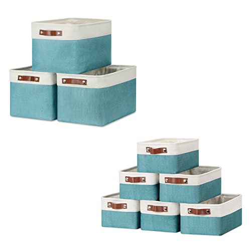 DULLEMELO Collapsible Bundle Baskets 3 Medium Baskets 15"x11"x9.5" + 6 Small Baskets 11.8"x7.9"x5.1"(White&Teal)